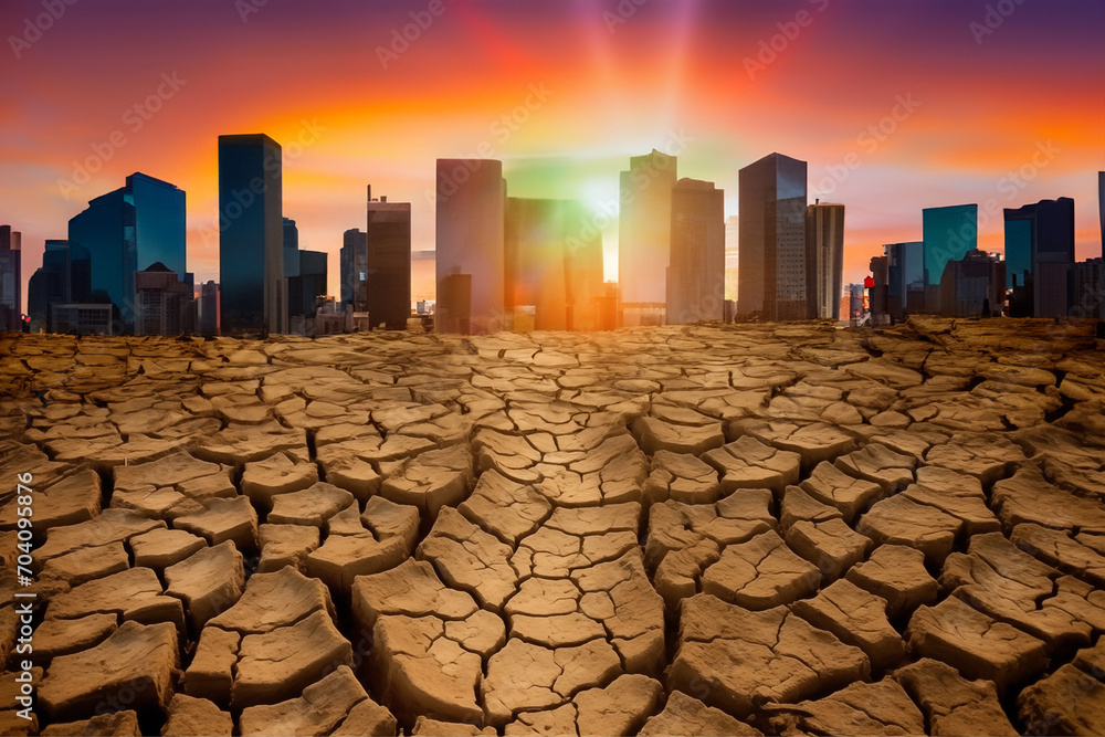 Drought land at Cityscape of buildings. Global drought. City metropolis ...