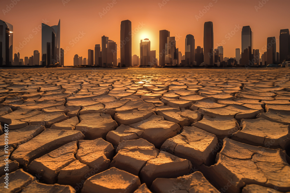Drought land at Cityscape of buildings. Global drought. City metropolis ...