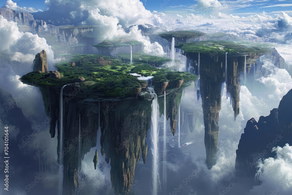 A science fiction landscape of a planet with floating landmasses and ...