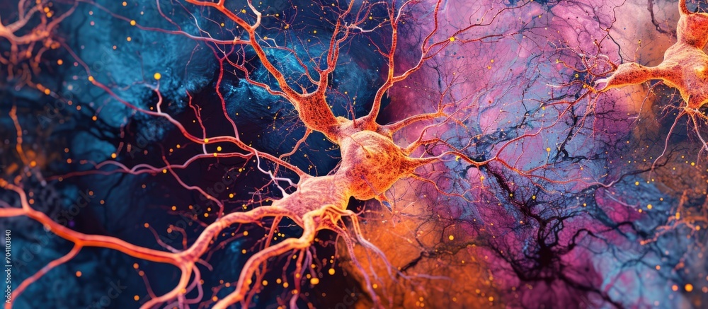 Micrograph of stained white matter, showing numerous astrocytes sending ...