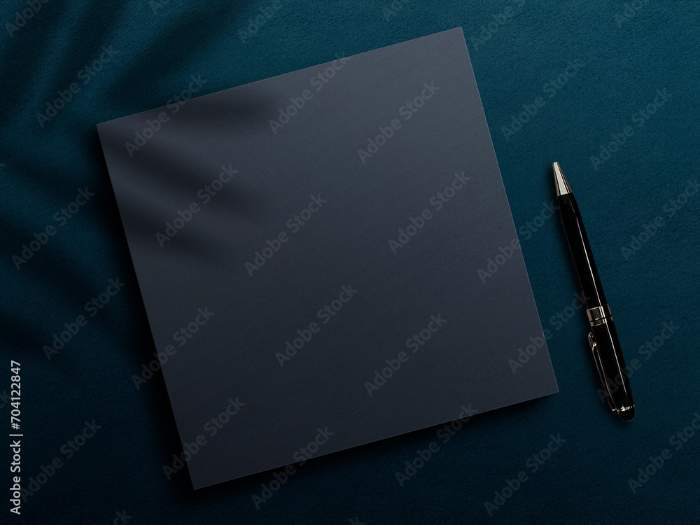 Blue template paper with black pen for logo. A square paper mockup with ...