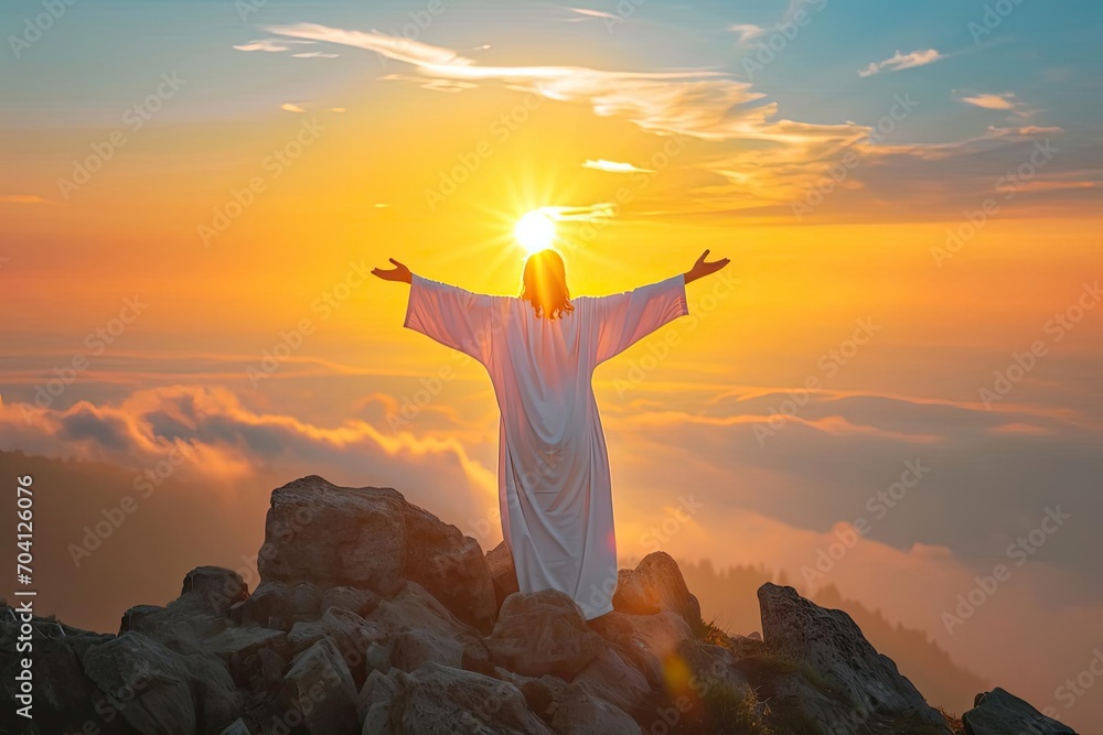 Jesus christ with open arms Radiating divine light On a mountaintop at ...
