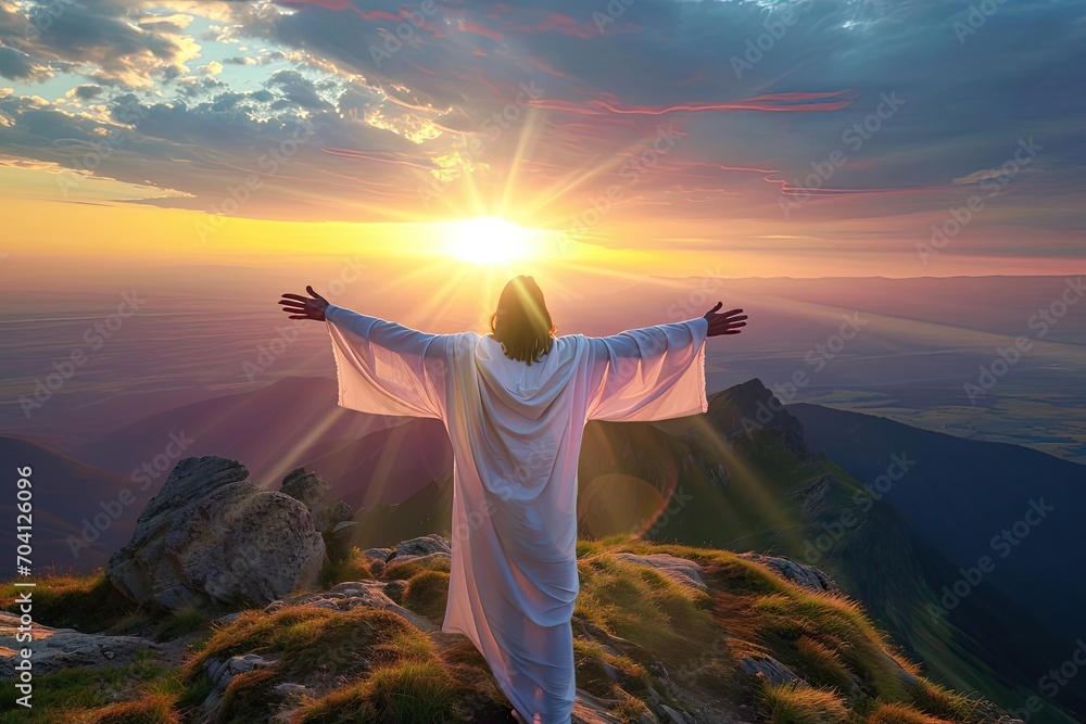 Jesus christ with open arms Radiating divine light On a mountaintop at ...
