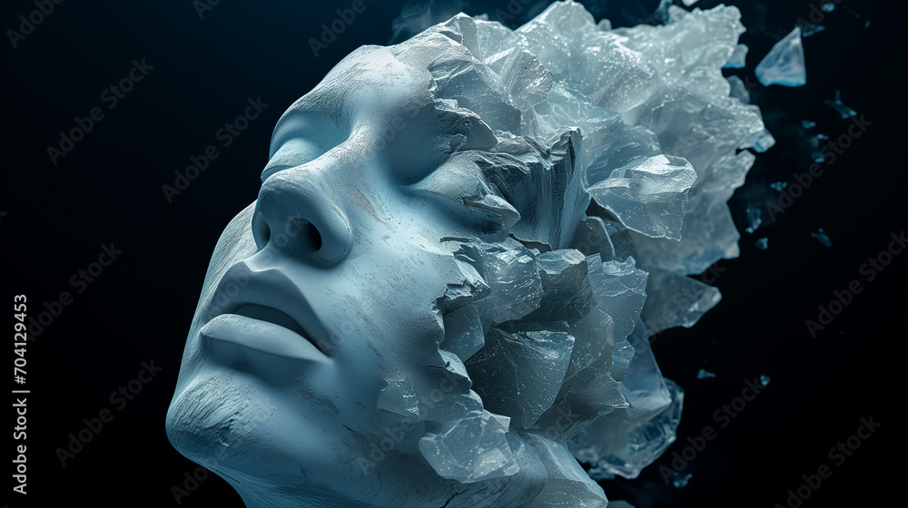 Broken ancient greek roman statue head falling in pieces. Broken marble ...