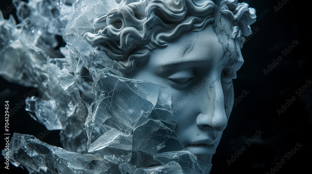 Broken ancient greek roman statue head falling in pieces. Broken marble ...