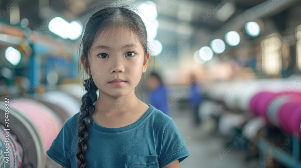 Small Asian girl's portrait with blurred textile factory background ...