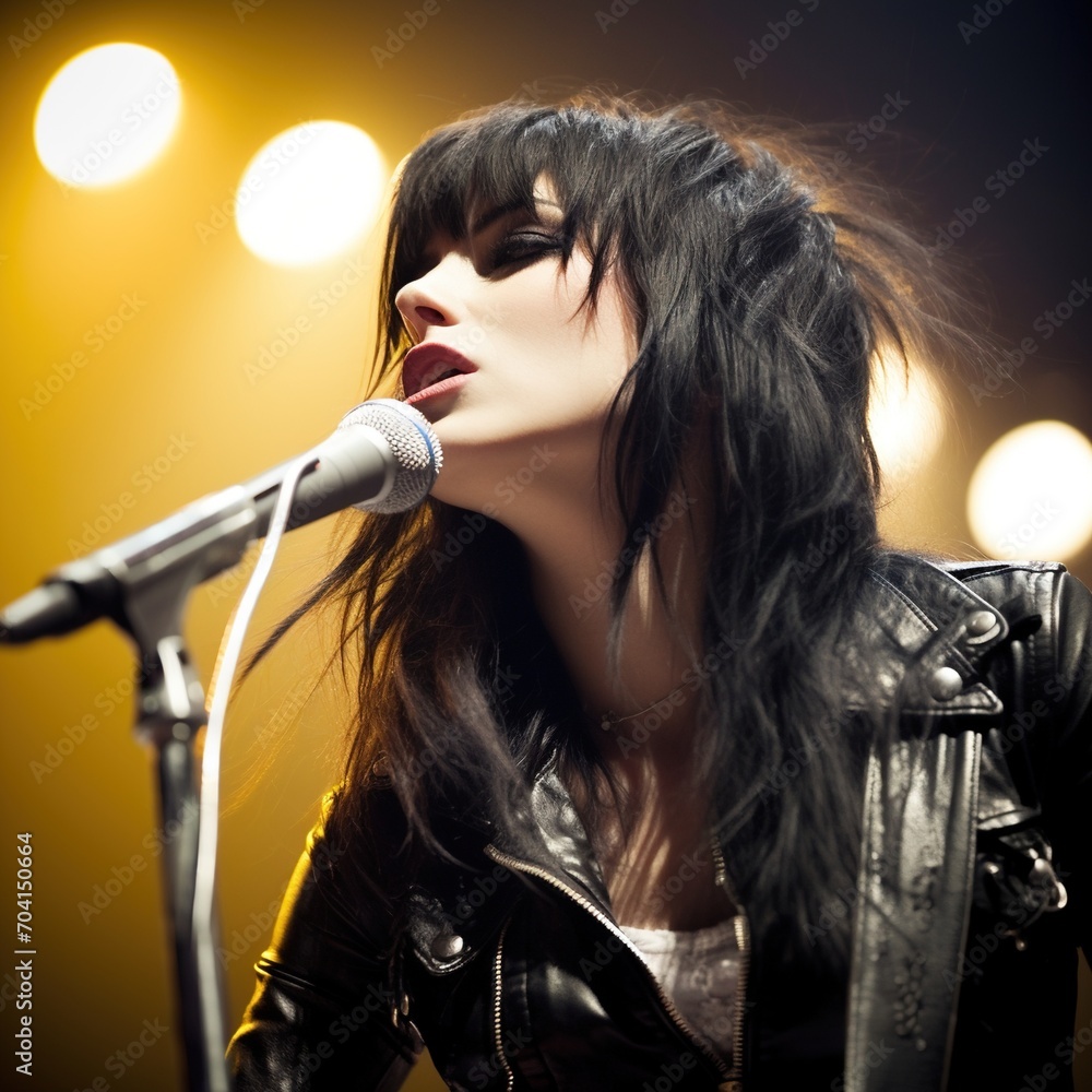 Rockstar in leather jacket singing into microphone on stage with ...