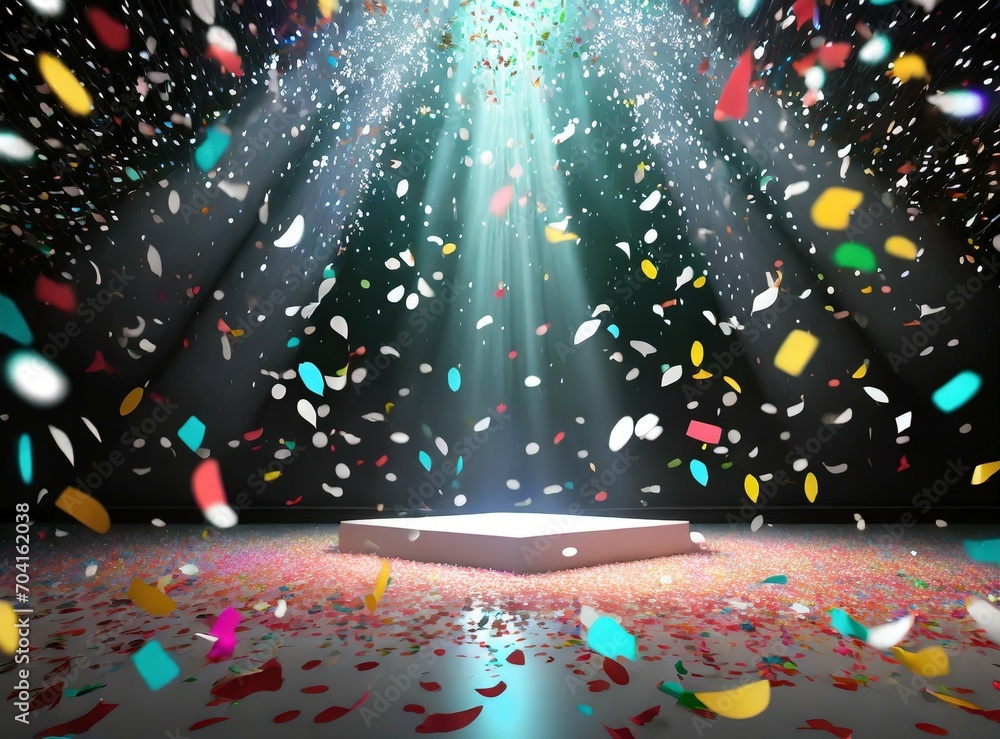 Multicolored colorful confetti rain on festive stage with light beam in ...