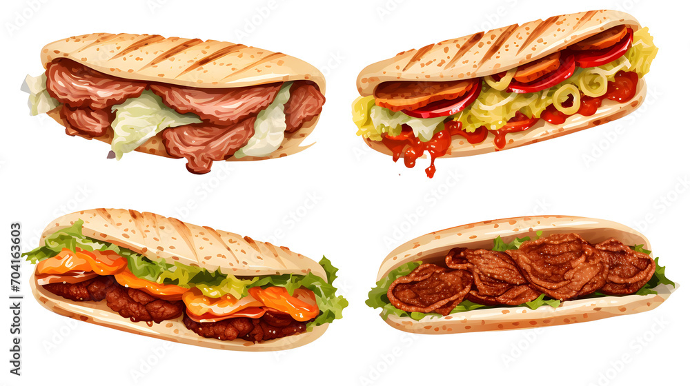 Set of Turkish doner kebab sandwich, canadian peameal bacon, Korean ...
