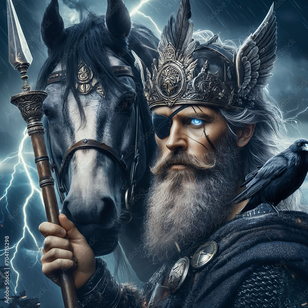 The great Nordic one-eyed god Odin with his ravens Huginn&Muninn ...