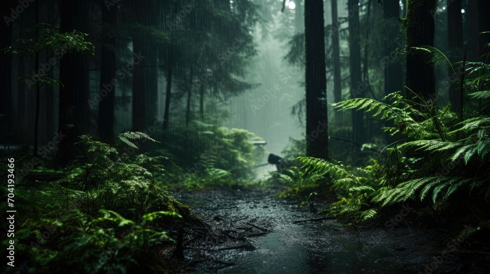 Scene of a muddy pathway in the heart of a dense forest, a dense green ...