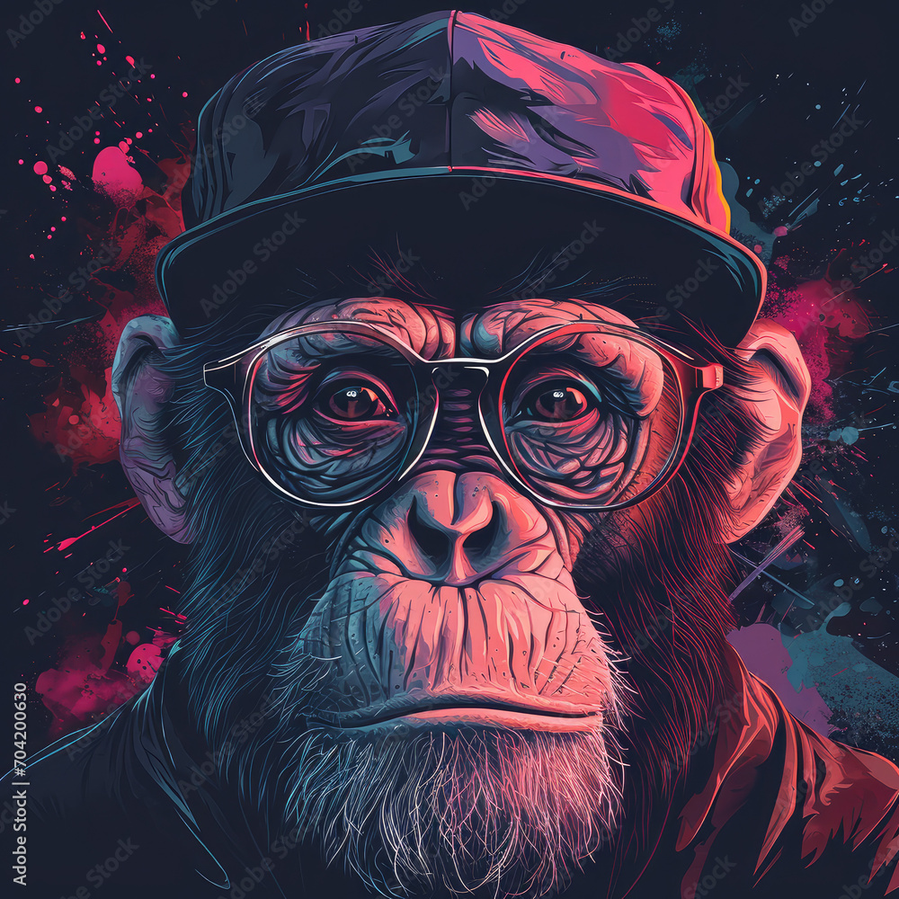 Monkey portrait with glasses and urban style cap lofi album cover Stock ...