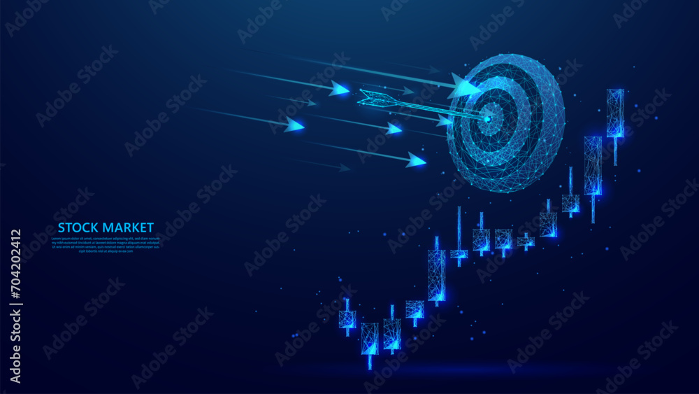 candlestick illustration of stock trading and investment targets in blue low poly style ...