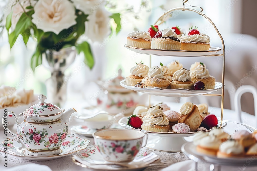 Elegant tea party setup with fine china and pastries Stock Photo ...