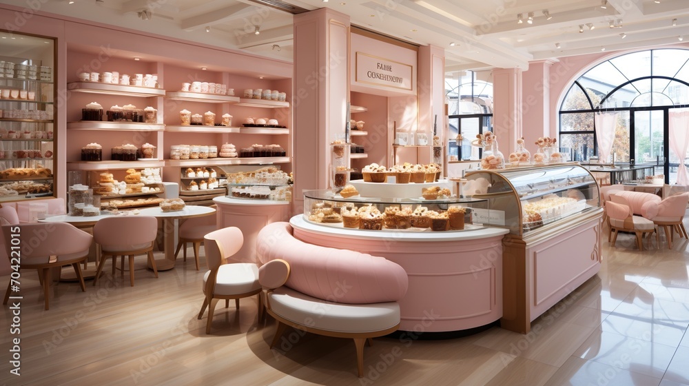Pink and white bakery interior with display cases and seating Stock ...