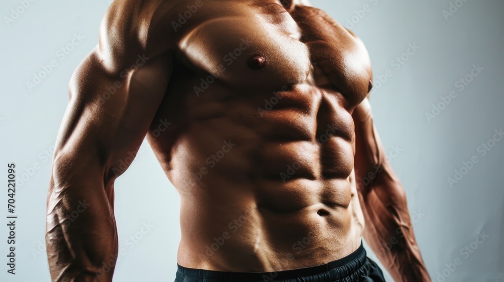 Toned stomach muscles of a male athlete in peak physical condition ...