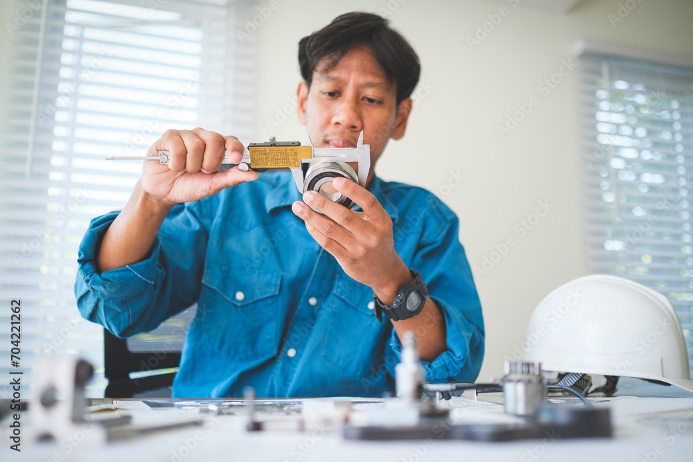 Mechanical engineer working with blueprints and using vernier caliper ...
