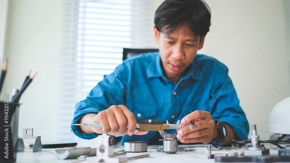 Mechanical engineer working with blueprints and using vernier caliper ...
