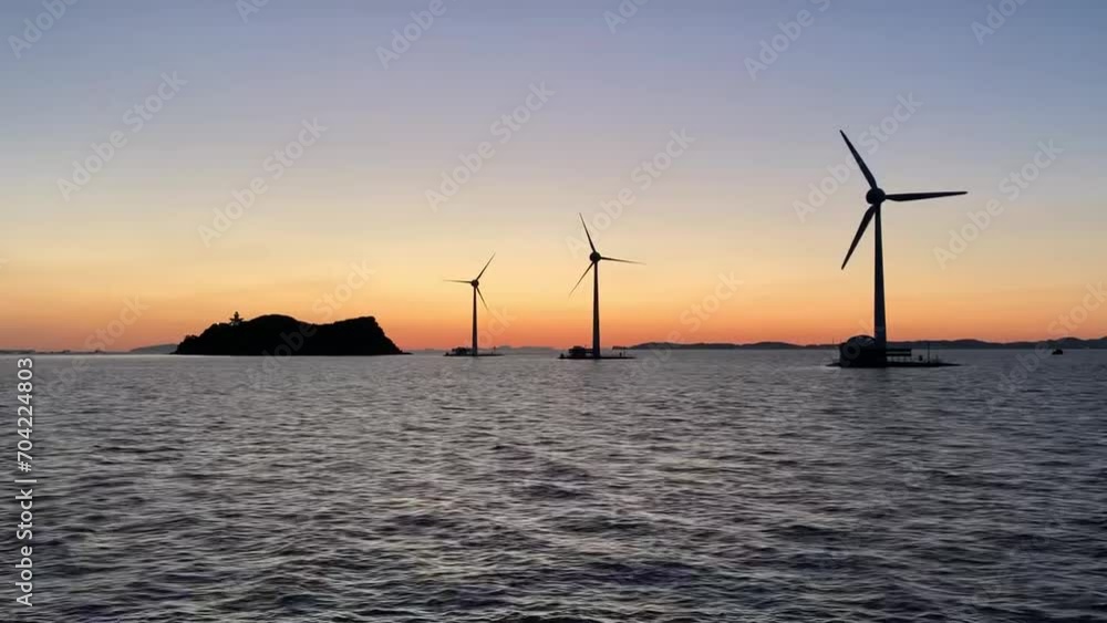 wind turbine at sunset, Offshore Windpark in the sundown, sunset ...