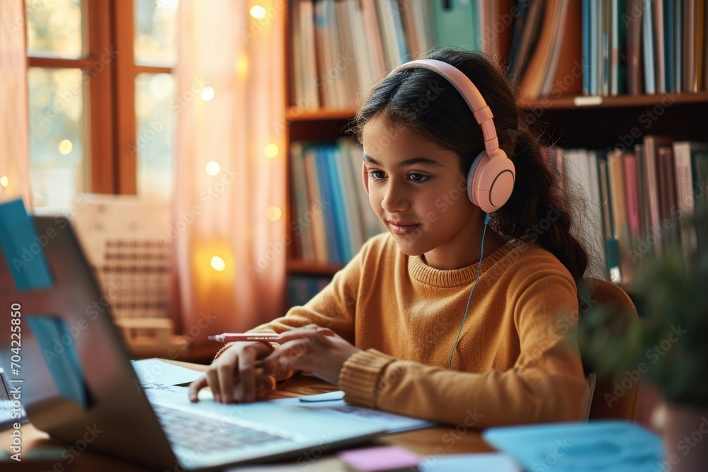 Happy indian latin preteen girl school pupil wearing headphones ...