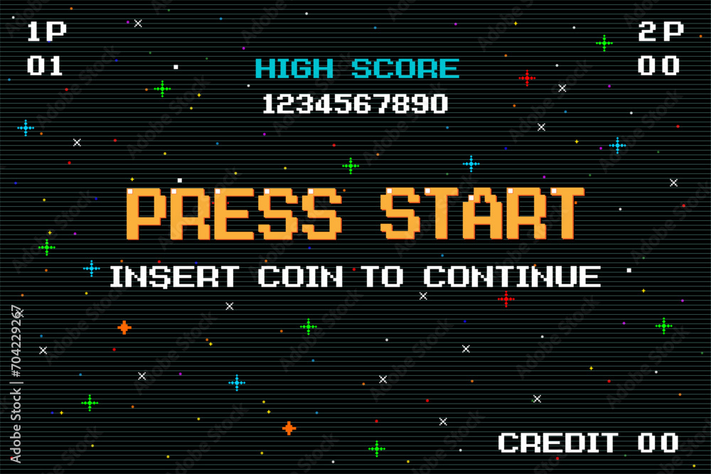 PRESS START INSERT A COIN TO CONTINUE. pixel art .8 bit game. retro ...