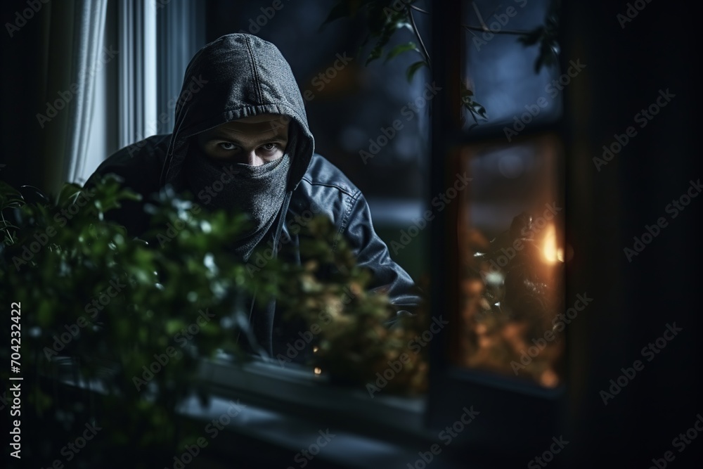 robber or thief entering through the window, breaking into a house ...
