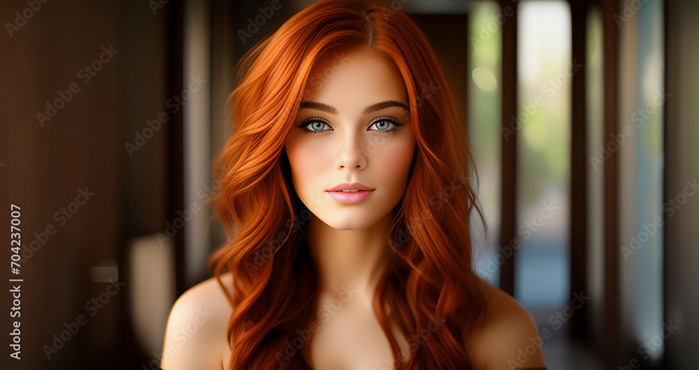 Beautiful ginger girl, closeup face. Beautiful brunette woman, portrait ...