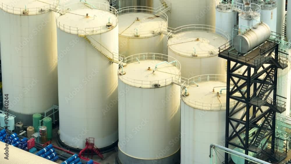 An aerial view drone captures a sprawling lubricant plant with massive ...