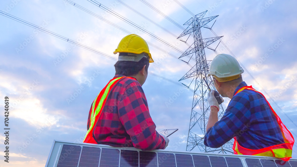 Teamwork engineering in standard safety uniform solar panel inspect the ...