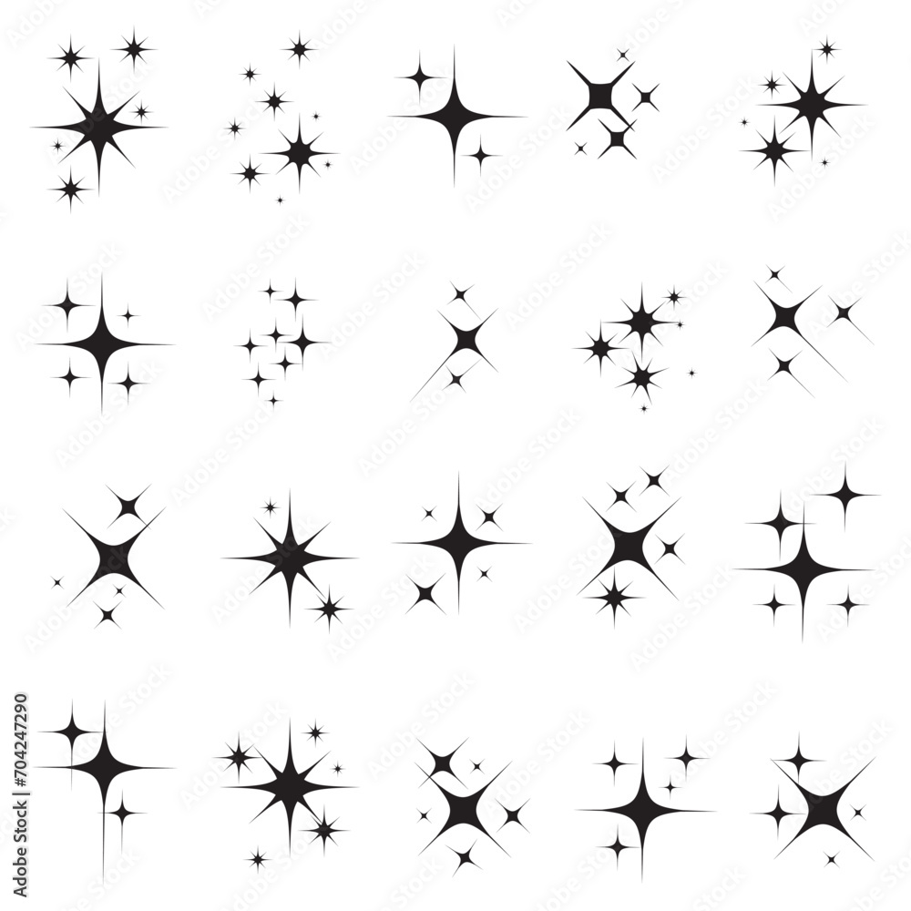 Set of star sparkling and twinkling cartoon. Black glittering star ...