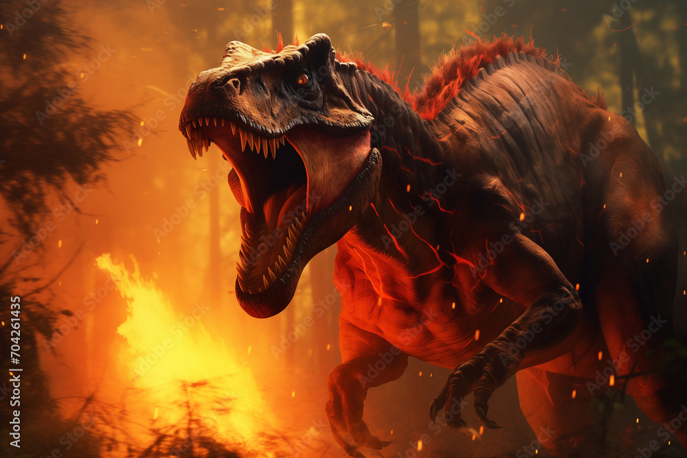T Rex Dinosaur Screaming and Running in a Forest full of Fire and ...