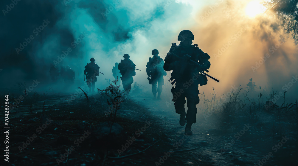 Silhouette photo group of military soldiers marching outdoor in ...