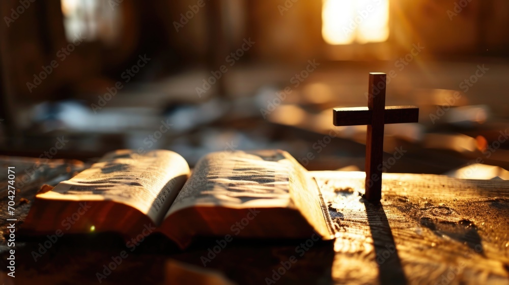 Church bright light background with holy bible and the cross of ...