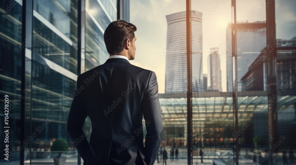 Rear back view of successful rich businessman in suit standing looking ...