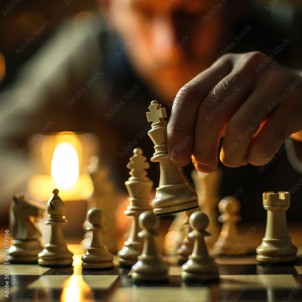 In the background an out-of-focus blurry chess player can be seen, his ...