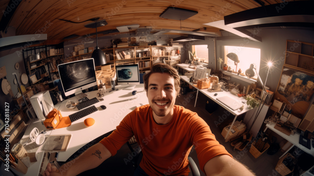 Cheerful young worker in white shirt with smile taking selfies in ...
