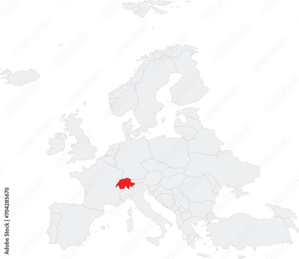 Red CMYK national map of SWITZERLAND inside gray blank political map of ...