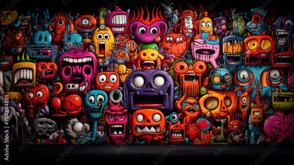 a very colorful wall with lots of different types of monsters and ...