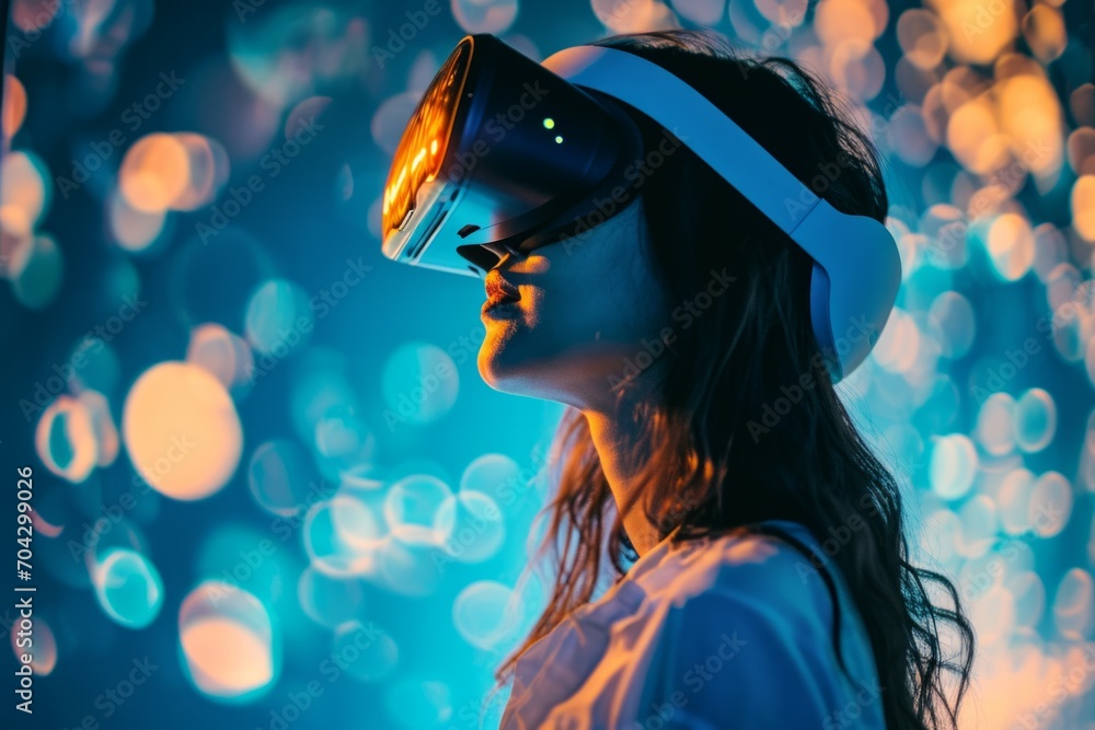 Beautiful woman with flowing hair over colorful neon light background ...