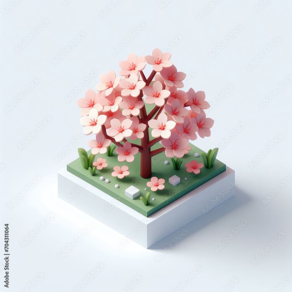 Blooming Sakura Tree 3D Minimalist Cute Isometric Icon on a White ...