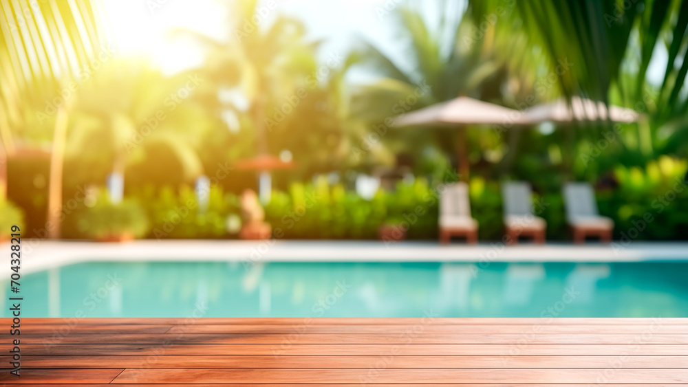 Empty wooden table in front pool bar background, product display ...
