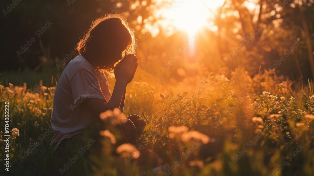 Sunlit prayer. Woman praying in the meadow in the sunbeams of sunset ...