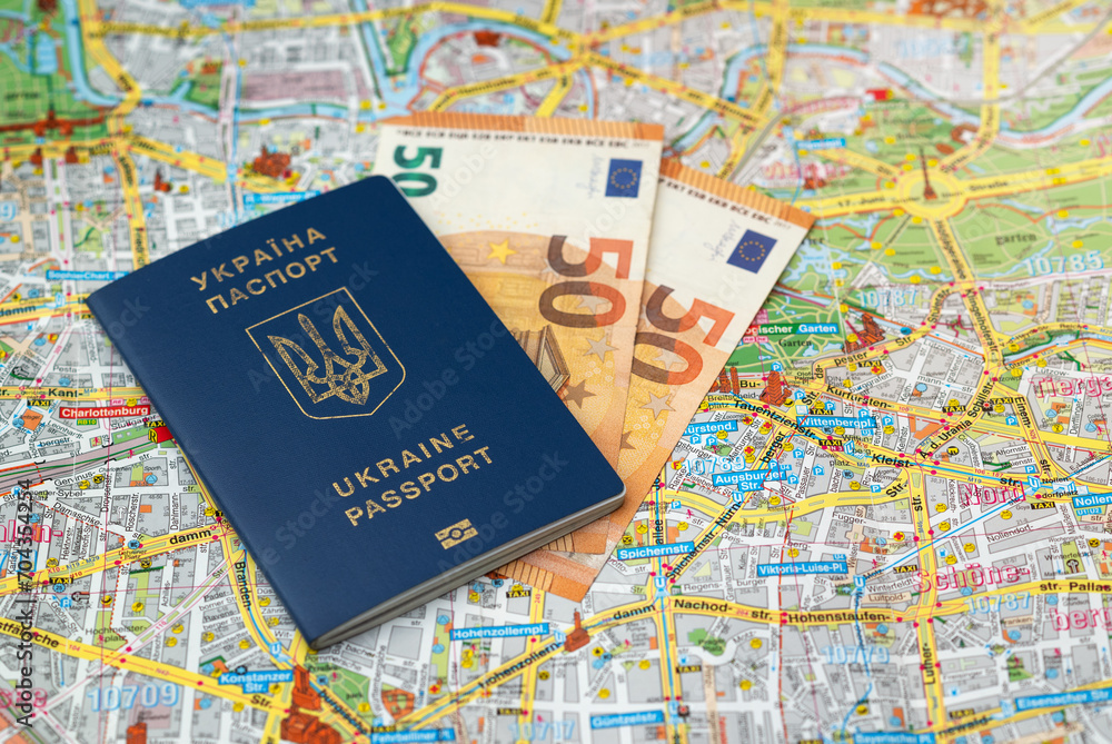 biometric passport of Ukraine of blue color with a trident on the ...