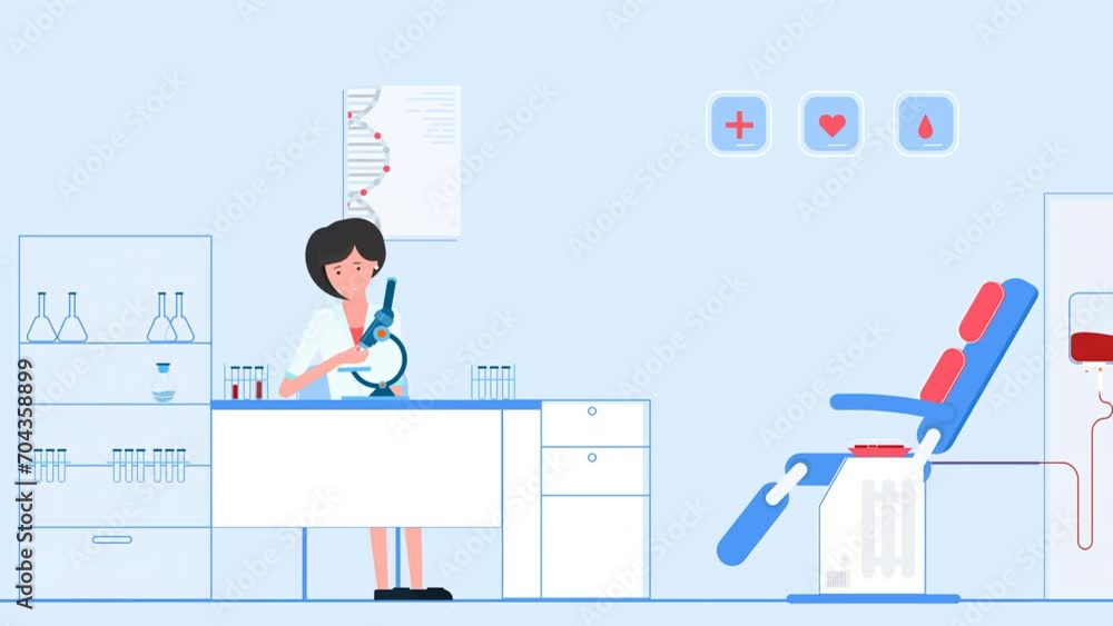 2d Animated Scene Of Female Doctor Examining Blood Through Microscope ...
