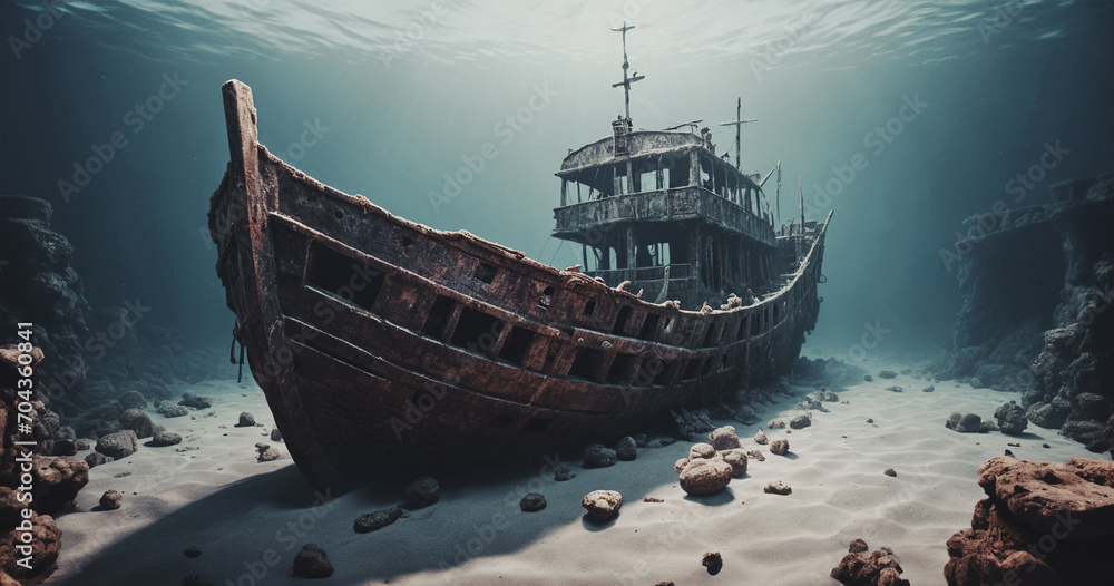 fondale marino con relitto di vecchia imbarcazione illuminata dalla ...