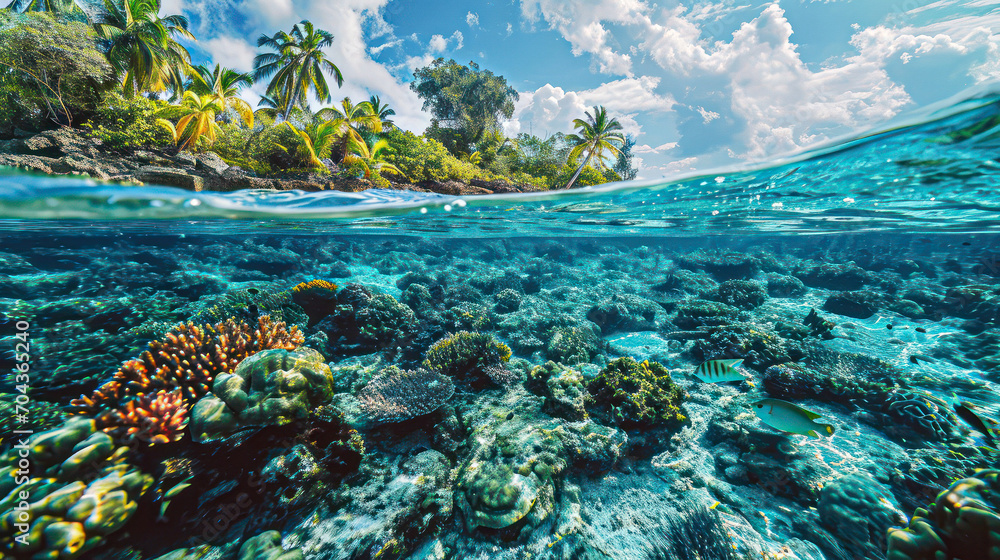 Tropical Island And Coral Reef - Split View With Waterline. Beautiful ...