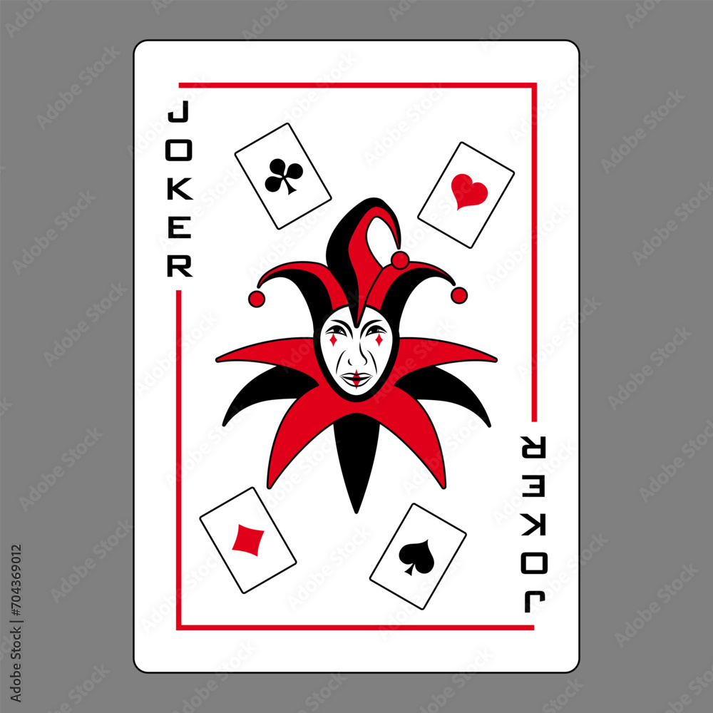 Carte à jouer du joker, symbolisé par une tête de bouffon entourée des ...