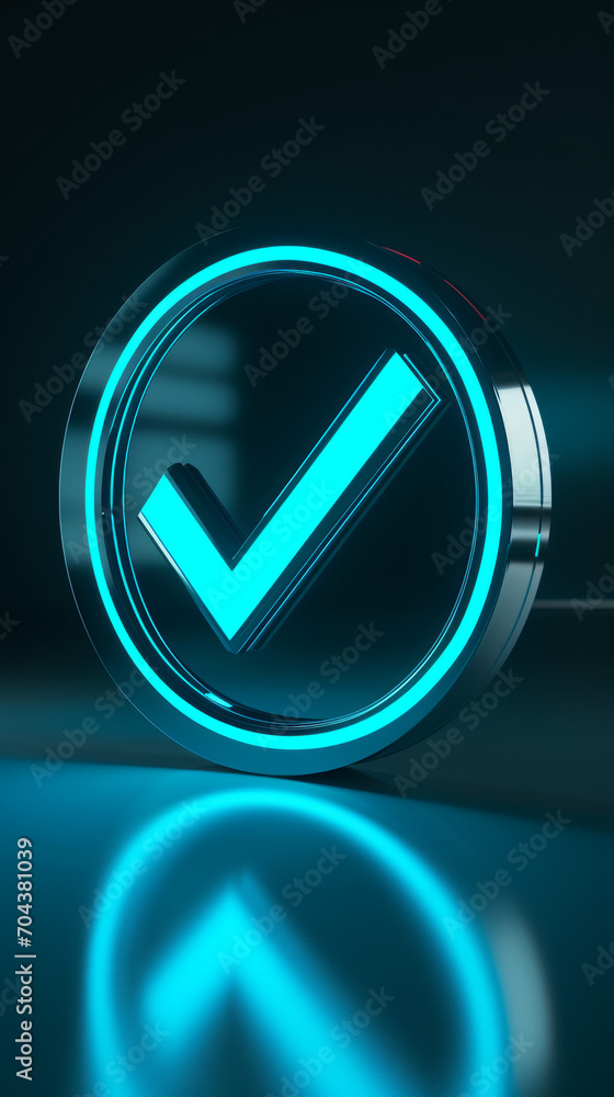 Futuristic glowing blue checkmark in circle, neon light, 3D style ...
