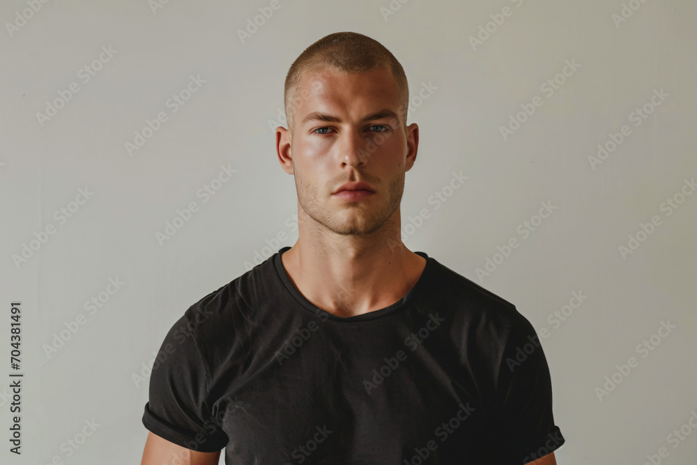 Strobe-Lit Studio Portrait of Muscular 25-Year-Old Man with Buzz Cut ...