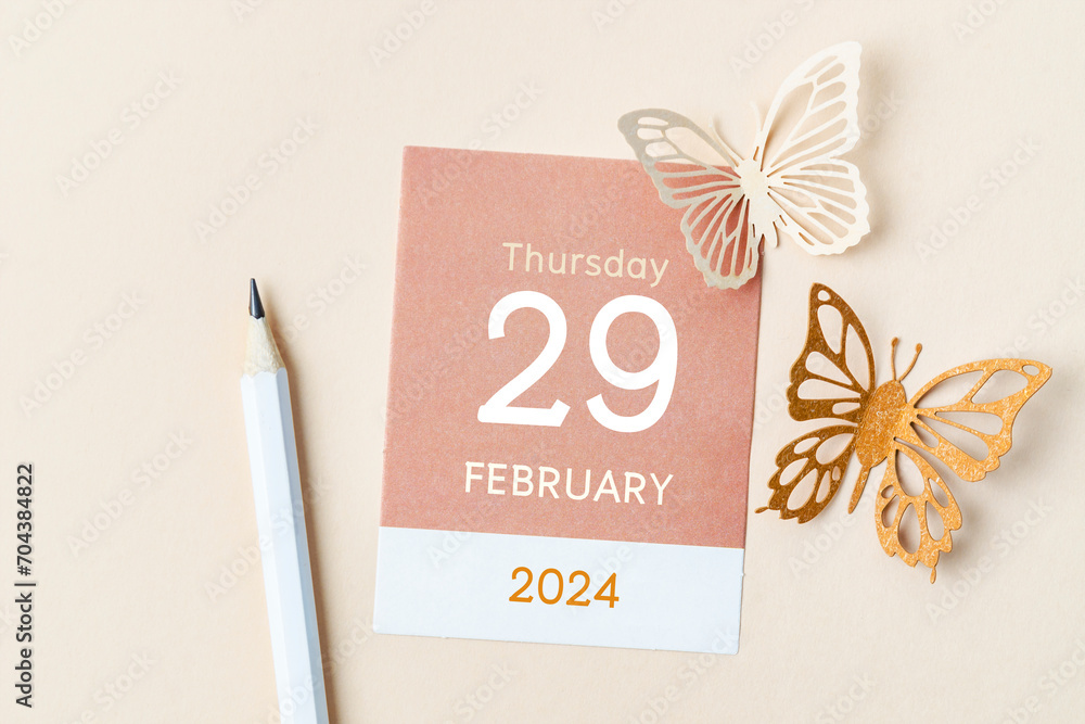 February 29th mini calendar for February 2024 and butterfly paper. Leap ...
